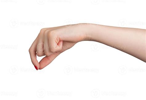 A Hand With Fingers Pinching A Small Invisible Object The Gesture Made By A Woman With