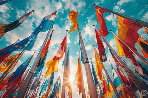 Flags Of Participating Nations Fluttering In The Breeze Representing