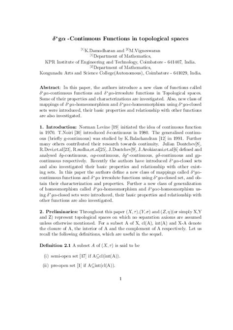 Pdf δ Gα Continuous Functions In Topological Spaces