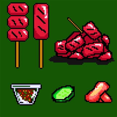 픽셀 아트 스타일로 설정된 튀긴 소시지 태국 길거리 음식 프리미엄 벡터