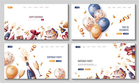 생일 케이크 풍선 샴페인 컵 케이크 선물 모자 색종이가있는 웹 페이지 세트 생일에 대한 스톡 벡터 아트 및 기타 이미지 생일