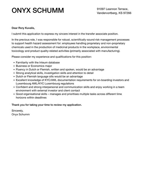 Transfer Associate Cover Letter Velvet Jobs