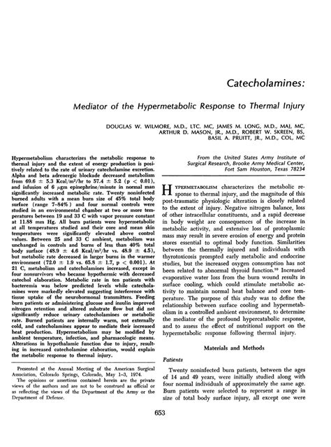 Catecholamines Mediator Of The Hypermetabolic Response To Thermal