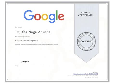 Pujitha Anusha On Linkedin I Completed Crash Course On Python In