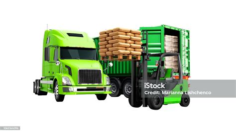 녹색 건축 자재와 트레일러를 가진 트럭에서에서 내리는 화물의 현대 개념 및 팔레트와 오렌지 지게차 절연 흰색 배경에서 3d