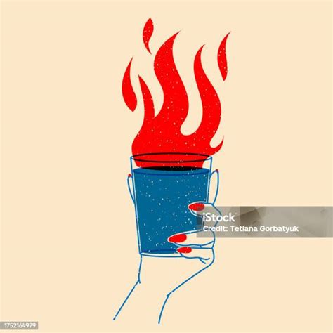 불로 칵테일을 들고 있는 손 Riso 인쇄 효과가 있는 미니멀한 스타일의 벡터 그림입니다 광고 포스터 의류 인쇄물 배너 표지 웹사이트 소셜 네트워크 로고 메뉴 디자인 요소