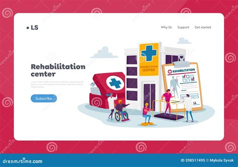 rehabilitation landing page template tiny characters at huge medic things stock vector