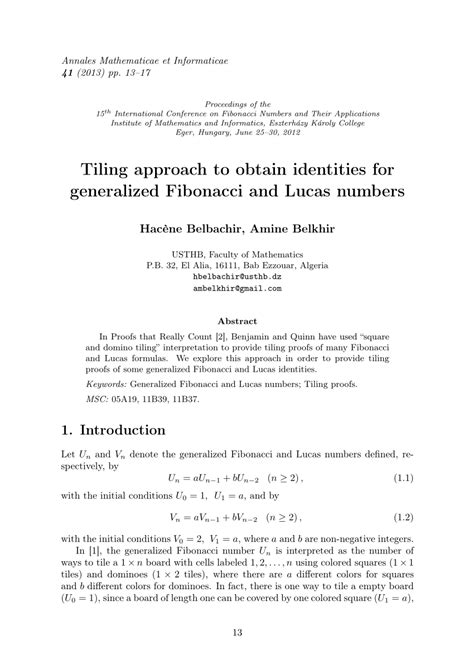 Pdf Tiling Approach To Obtain Identities For Generalized Fibonacci And Lucas Numbers