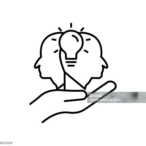 머리와 전구가있는 핸드 라인 아이콘 새로운 아이디어의 개념 아이디어 생성 과정 간단한 일러스트 모바일 개념과 웹 디자인 디자인 템플릿 벡터 개념에 대한 스톡 벡터 아트 및