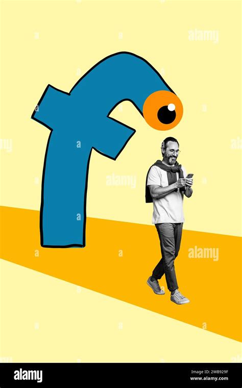 Creative Collage Vertical Poster Walking Mature Man Browsing Smartphone