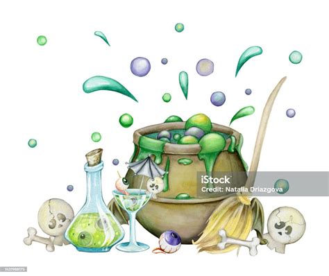 물약 플라스크 와인 잔 빗자루 뼈의 두개골이있는 가마솥 할로윈을위한 수채화 만화 스타일의 클립 아트 10월에 대한 스톡 벡터 아트 및 기타 이미지 Istock