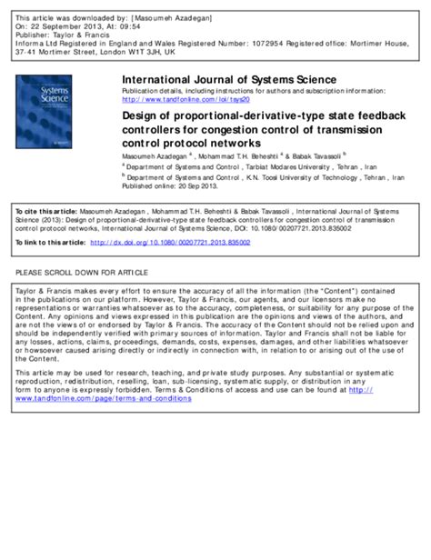 Pdf Design Of Proportional Derivative Type State Feedback Controllers For Congestion Control