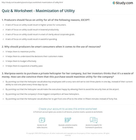 Quiz And Worksheet Maximization Of Utility