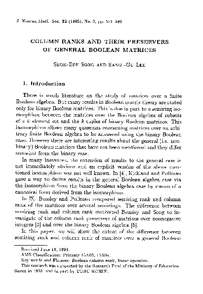 Pdf Column Ranks And Their Preservers Of General Boolean Matrices