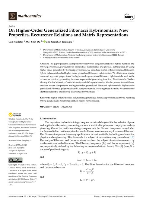 Pdf On Higher Order Generalized Fibonacci Hybrinomials New Properties Recurrence Relations