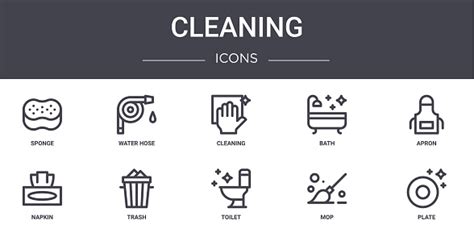 개념 선 아이콘 세트를 청소합니다 물 호스 목욕 냅킨 화장실 걸레 접시 앞치마 청소와 같은 웹 로고 Ui Ux에 사용할 수있는 아이콘이 포함되어 있습니다 가사 집안일에 대한