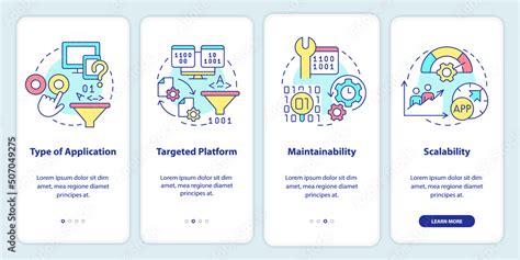 Programing Language Choice Criteria Onboarding Mobile App Screen Walkthrough 4 Steps Graphic