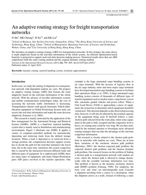 Pdf An Adaptive Routing Strategy For Freight Transportation Networks