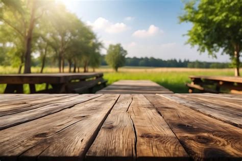 Premium Ai Image Wooden Table Perspective Outdoors View