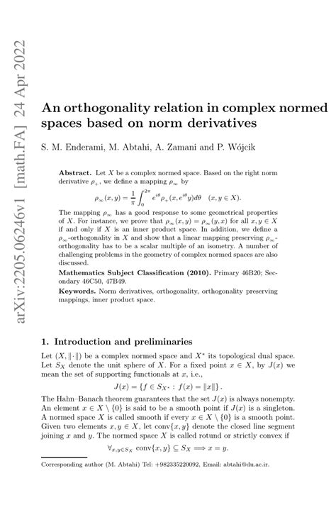PDF An Orthogonality Relation In Complex Normed Spaces Based On Norm Derivatives