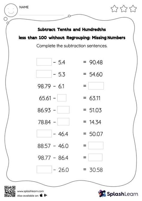 Subtract Tenths And Hundredths Less Than 100 Without Regrouping