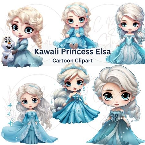 Princess Elsa Cute Clipart Set Of Cartoon Chibi Kawaii Fantasy Fairytale Cartoon