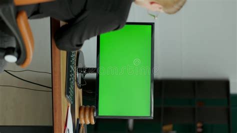 Woman Working On Desktop Computer With Green Screen Mock Up In Modern Office Stock Video Video