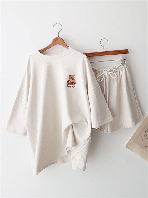 리케마켓 귀여워 곰돌이 베어 자수 낙낙 박시핏 반팔 티셔츠 밴딩 숏팬츠 반바지 데일리 홈웨어 잠옷 트레이닝복 여름 추리닝 세트