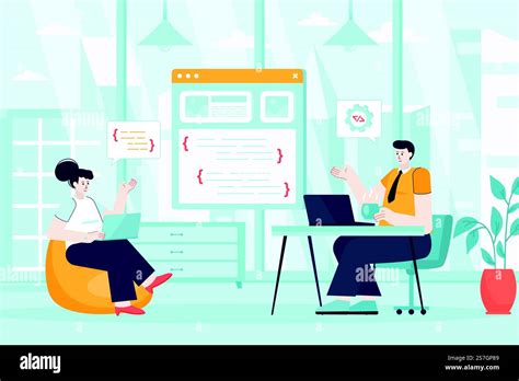 Programmer Working Concept In Flat Design Colleagues Works In Office Scene Man And Woman
