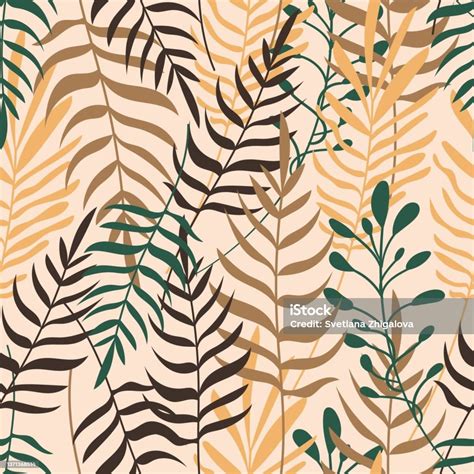 보헤미안 스타일의 여름 열대 패턴 흙 베이지색 녹색 색상 식물 열대 잎 여름 판매 배너 벽 예술 직물 디자인식물 가지 간단한 플랫 스타일 벡터 일러스트레이션 열대 나무에