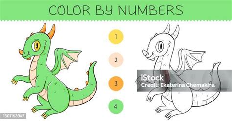 귀여운 드래곤과 함께 아이들을 위한 숫자 색칠하기 책 색칠하기 예제가 있는 만화 용과 색칠 페이지 흑백 및 컬러 버전 0명에