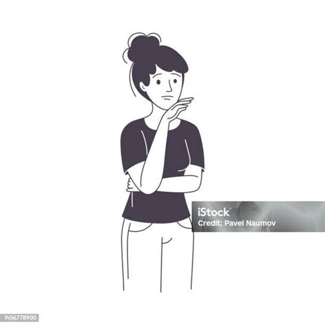 잠겨 있는 여자 비즈니스 캐릭터 서서 의아해하는 얼굴 벡터 일러스트레이션으로 생각 감정에 대한 스톡 벡터 아트 및 기타 이미지