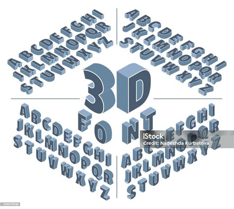 아이소 메트릭 알파벳 3d 글꼴 디자인 다양한 각도 또는 투영 타이포그래피 문자 3 차원 라틴어 Abc 기하학적 대문자 조판 90 년대 스타일 알파벳 아이콘 벡터 세트