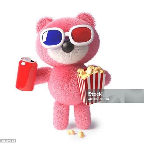 귀여운 귀여워 핑크 테디 베어 먹는 팝콘과 마시는 소다 동안 보는 동안 A 3d 영화 3d 일러스트 3차원 형태에 대한 스톡 사진 및 기타 이미지 Istock