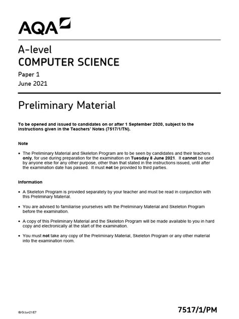 June 2021 In Paper 1 Aqa Computer Science A Level Pdf Computing