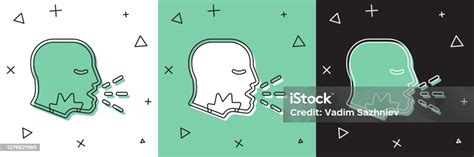 흰색과 녹색 검은 색 배경에 격리 된 남자 기침 아이콘을 설정합니다 바이러스 감염 인플루엔자 독감 감기 증상 결핵 유행성