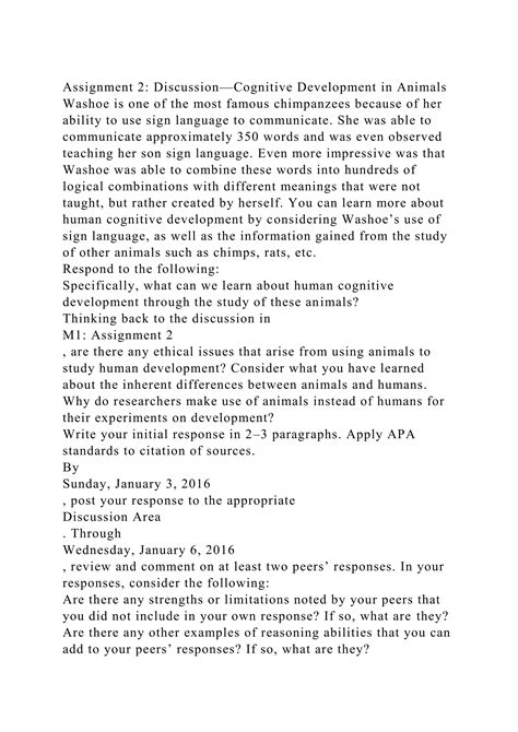 Assignment 2 Discussion—cognitive Development In Animalswashoe Isdocx