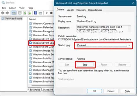 how to disable windows event log