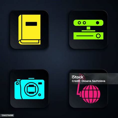 소셜 네트워크 사용자 매뉴얼 미러리스 카메라 및 모션 센서를 설정합니다 검은 색 사각형 버튼 벡터 감지기에 대한 스톡 벡터 아트