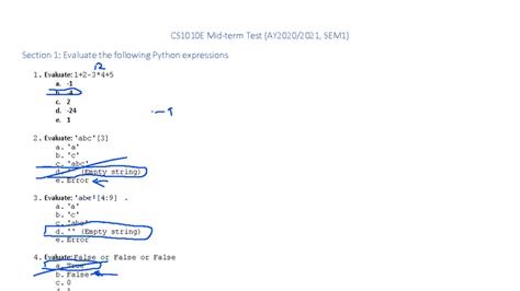 Cs1010e Test Sem1 Python Expression Evaluation Questions Studocu