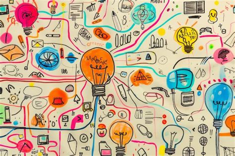 Mind Map With Light Bulb Central Ideas Colorful Lines Doodles Symbols A Mind Map Filled With