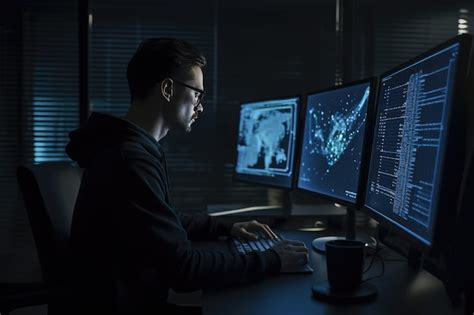 premium ai image programmer working at their computer surrounded by monitors displaying code