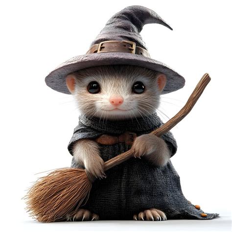 Playful Ferret Dressed As A Witch With Pointy Hat And Broom On White