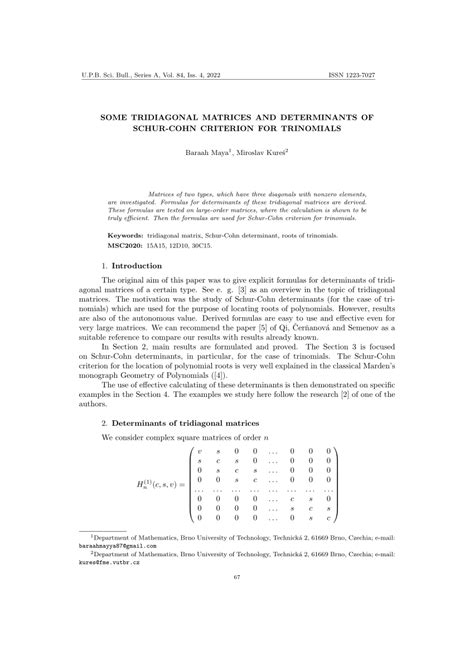 Pdf Some Tridiagonal Matrices And Determinants Of Schur Cohn Criterion For Trinomials