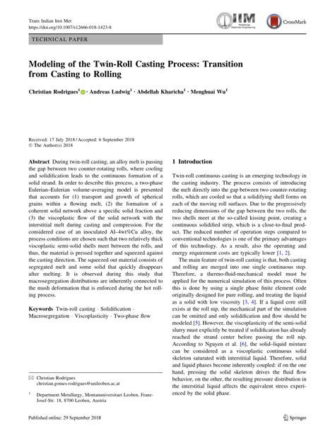 Pdf Modeling Of The Twin Roll Casting Process Transition From Casting To Rolling