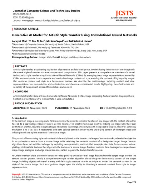 Pdf Generative Ai Model For Artistic Style Transfer Using Convolutional Neural Networks