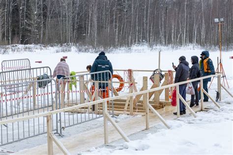 Moscow Russia 01192019 Epiphany Bathing In The Ice Hole In Winter Undressed People In Ice