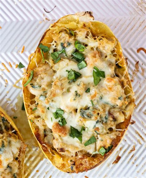 Spinach Artichoke Stuffed Spaghetti Squash With Chicken Happy Healthy Mama