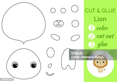 색칠 공부는 아기 사자를 잘라 접착제 유치원 어린이를위한 교육 종이 게임 워크시트를 잘라내고 붙여넣습니다 종이에 색상 절단 부품