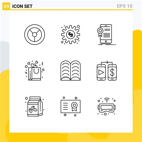 Stock Vector Icon Pack Of 9 Line Signs And Symbols For Learn Book App Romance Heart Editable